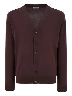 Canali Burgundy Seamless Merino Wool V-neck Cardigan - Red