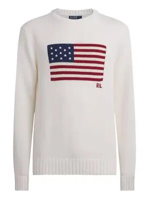 Polo Ralph Lauren American Flag Embroidered Crewneck Sweater - White