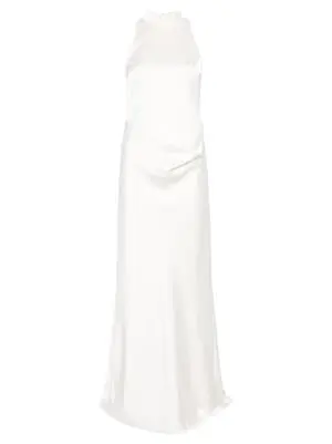 ROTATE BY BIRGER CHRISTENSEN ROTATE High-Neck Sleeveless Satin Gown With Draped Waist And Train