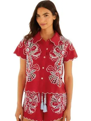 FARM RIO FARM RIO Short-Sleeve Cut-Out Embroidered Button-Up Blouse
