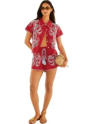 Farm Rio Embroidered Linen-blend Drawstring Mini Shorts With Side Pockets - Rosso
