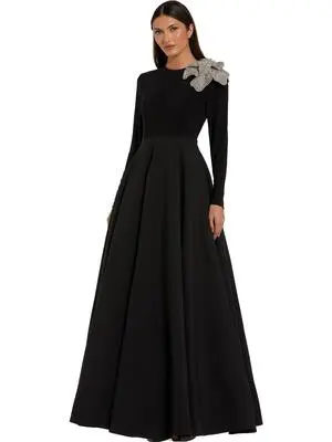 Mac Duggal Petite Long Sleeve Ball Gown With Rhinestone Flower Detail - Black