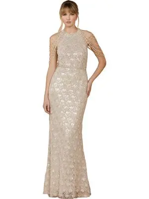 MAC DUGGAL COLLECTION Draped Pearl Embellished Column Gown - Neutral