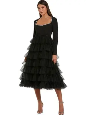 MAC DUGGAL Mac Duggal Crystal Trim Long Sleeve Tiered Tulle Midi Dress