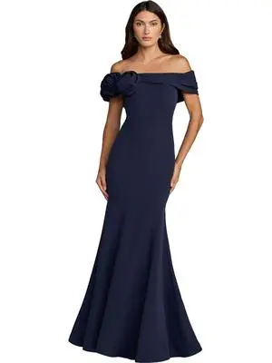 Mac Duggal Off-the-shoulder 3d Flower Embellished Mermaid Gown - Navy