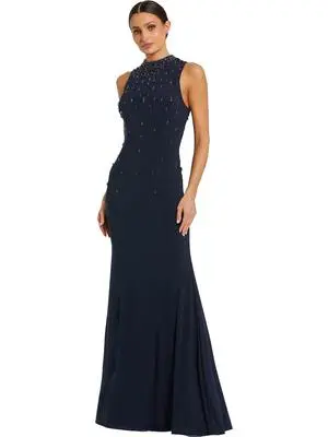 Mac Duggal Embellished Sleeveless Crepe Gown - Navy
