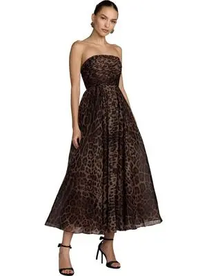 Mac Duggal Strapless Ruched Bodice A-line Chiffon Midi Dress - Leopard