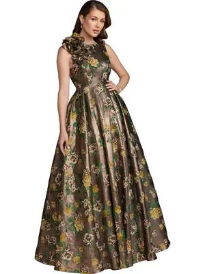 MAC DUGGAL Mac Duggal Metallic Floral Brocade Ball Gown With 3D Rosette