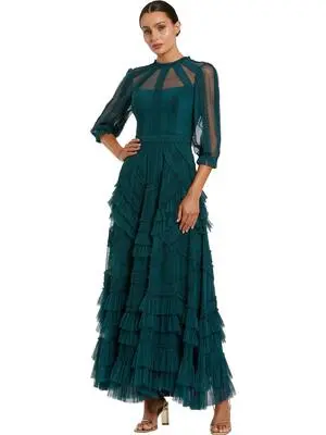 Mac Duggal Petite Teal High Neck Tiered Ruffle Maxi Gown - Blue