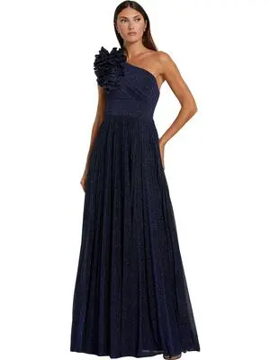 Mac Duggal Petite One Shoulder Ruffle Gown - Navy