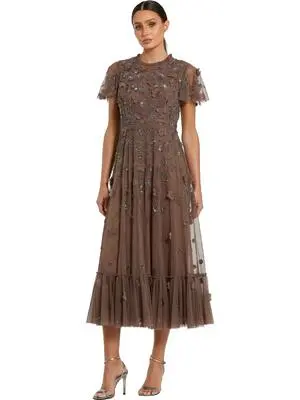 Mac Duggal Embellished High Neck Flutter Sleeve A-line Midi Dress - Brown