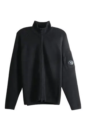 C.P. COMPANY Waffle Knit Cotton Zip Lens Cardigan - Black