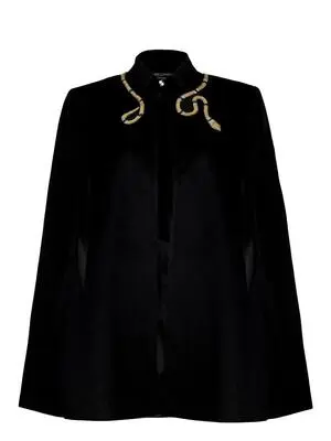HOUSE OF LAINES LONDON Couture Wool Blend Cape With Embellished Gold Snake Closure - Black
