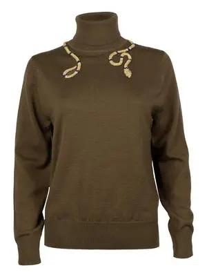 HOUSE OF LAINES LONDON Embellished Merino Wool Roll Neck Jumper - Green