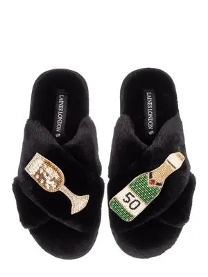 LAINES LONDON Embellished Faux Fur Cross Strap Slippers With Champagne And '50' Brooches - Black