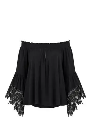 MUCHE & MUCHETTE Off-the-shoulder Top With Lace Bell Sleeves - Black