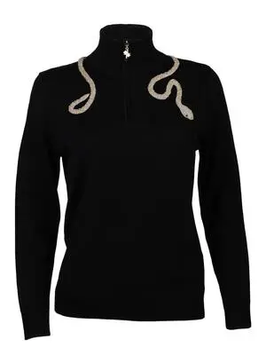 HOUSE OF LAINES LONDON Embellished Crystal & Pearl Snake Quarter Zip Jumper - Black
