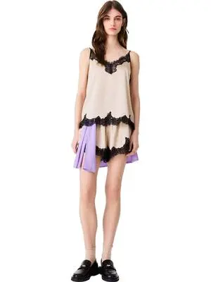 Maje Satin Slip Top With Black Lace Trim - Beige