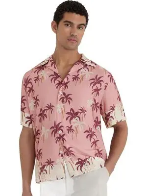 REISS Madrona Palm-print Cuban-collar Shirt - Pink