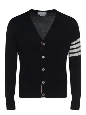 Thom Browne Virgin Wool V-neck Cardigan With Signature Stripes - Blue