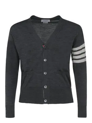 Thom Browne Virgin Wool Cardigan With Signature Stripes - Grey