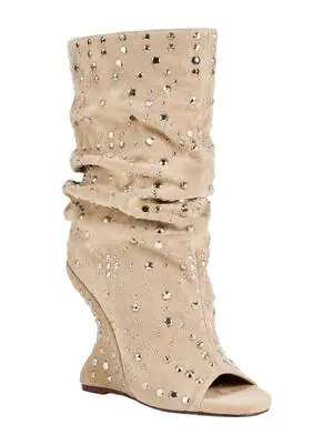 AZALEA WANG Embellished Peep Toe Wedge Slouch Boots - Beige