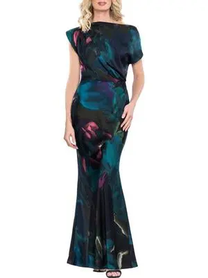 Betsy & Adam Floral Print Asymmetrical Neckline Gown - Teal/multi