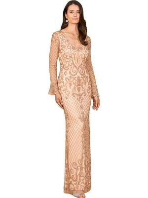 LARA NEW YORK Beaded Long Sleeve V-neck Gown - Blush