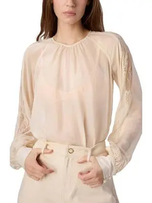Cami Nyc Milagros Silk Chiffon Lace Panel Blouse - Bone