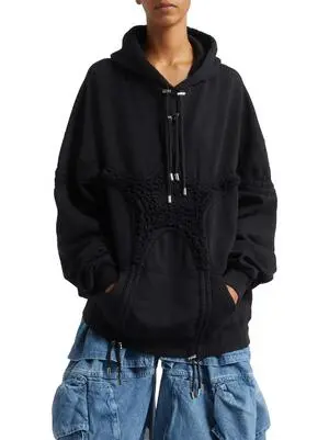 Collina Strada Soft Star Drawstring Ruched Cotton Hoodie - Black