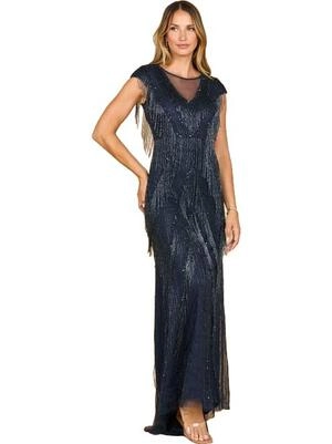 LARA NEW YORK Beaded Fringe V-neck Gown With Cap Sleeves - Navy