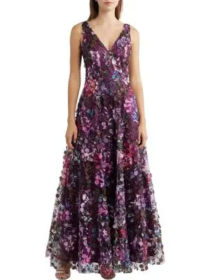 Eliza J Floral Appliqué Sleeveless Gown - Eggplant