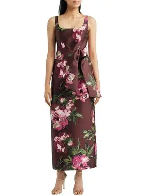 Julia Jordan Sleeveless Floral Print Matte Satin Gown - Wine Multi