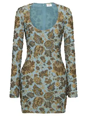 Saint Laurent Long-sleeved V-neck Mini Dress - Blue