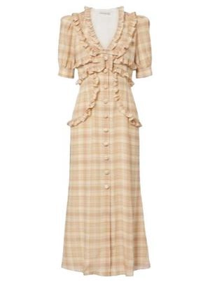 Alessandra Rich Ruffled Plaid Silk Midi Dress - Beige