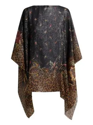 Etro Silk Twill Poncho Top With Striped Animal And Floral Paisley Motif - Black