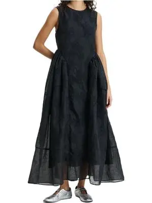 Cecilie Bahnsen Sleeveless Raised Bow Pattern Maxi Dress - Black