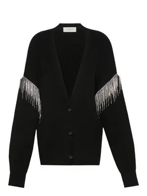 Sportmax Oversized Pure Wool Cardigan With Detachable Lantern Sleeves And Rhinestone Fringe - Black