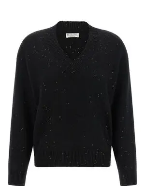 Brunello Cucinelli Long-sleeved V-neck Knitwear With Sequins - Black