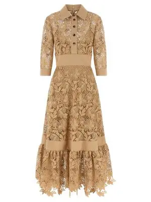 Elie Saab Floral Macramé Midi Dress - Beige