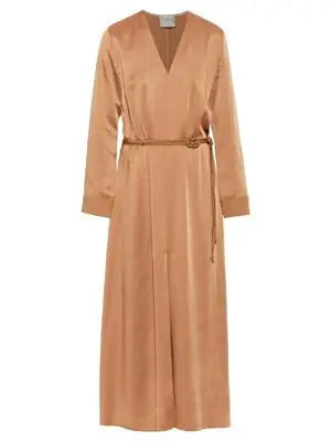 FORTE_FORTE Long-sleeved V-neck Maxi Dress With Belt Detail - Orange