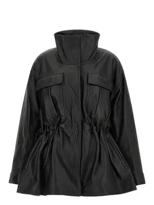 RÓHE Long Sleeve High Collar Leather Jacket - Black