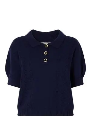 Alessandra Rich Merino Wool Puff Sleeve Polo Shirt - Navy