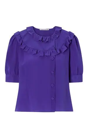 Alessandra Rich Ruffle Collar Puff Sleeve Silk Shirt - Purple