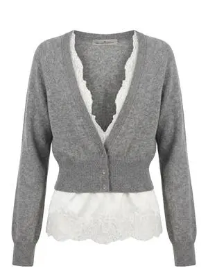 Ermanno Scervino Cashmere Cardigan With Lace Trim - Grey