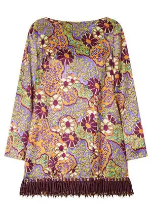 ALEMAIS Floral-print Fringed Satin Mini Dress - Multi