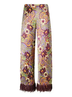 ALEMAIS Joanna Printed Satin Wide-leg Pants With Fringe - Purple