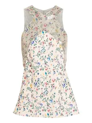 Rabanne Floral Print Paneled Chainmail Top - Ecru