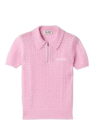 Miu Miu Cashmere And Silk Knit Polo Shirt With Crochet Trim - Pink