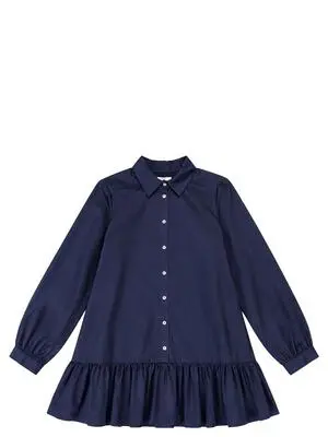 ELFIE Navy Cotton Shirt Dress With Ruffled Hem - Blue